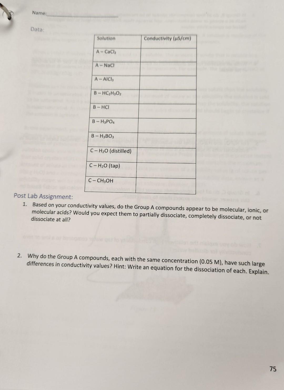 Post Lab Assignment: 1. Based on your conductivity | Chegg.com