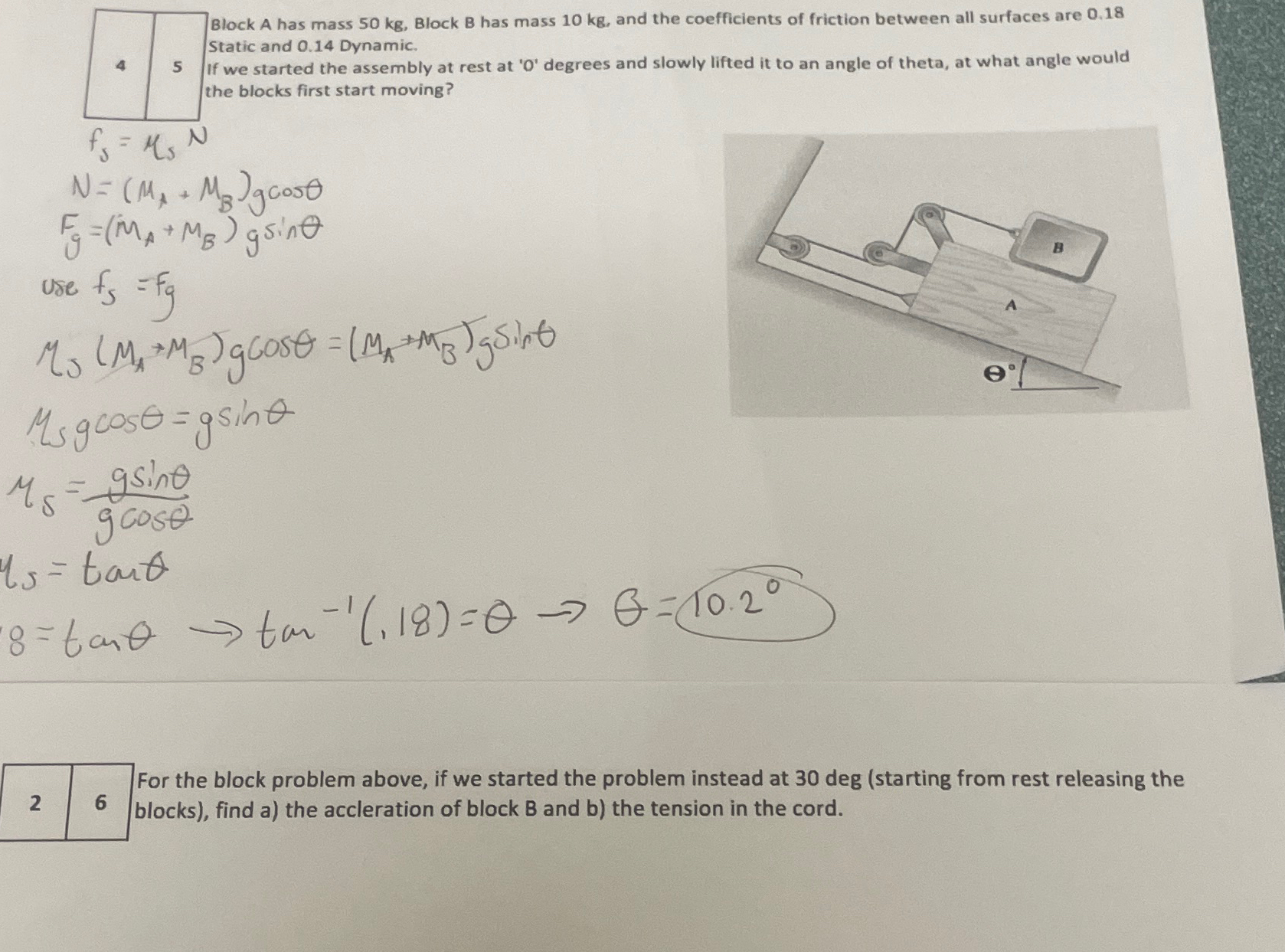 Solved Block A has mass 50kg, ﻿Block B ﻿has mass 10kg, ﻿and | Chegg.com
