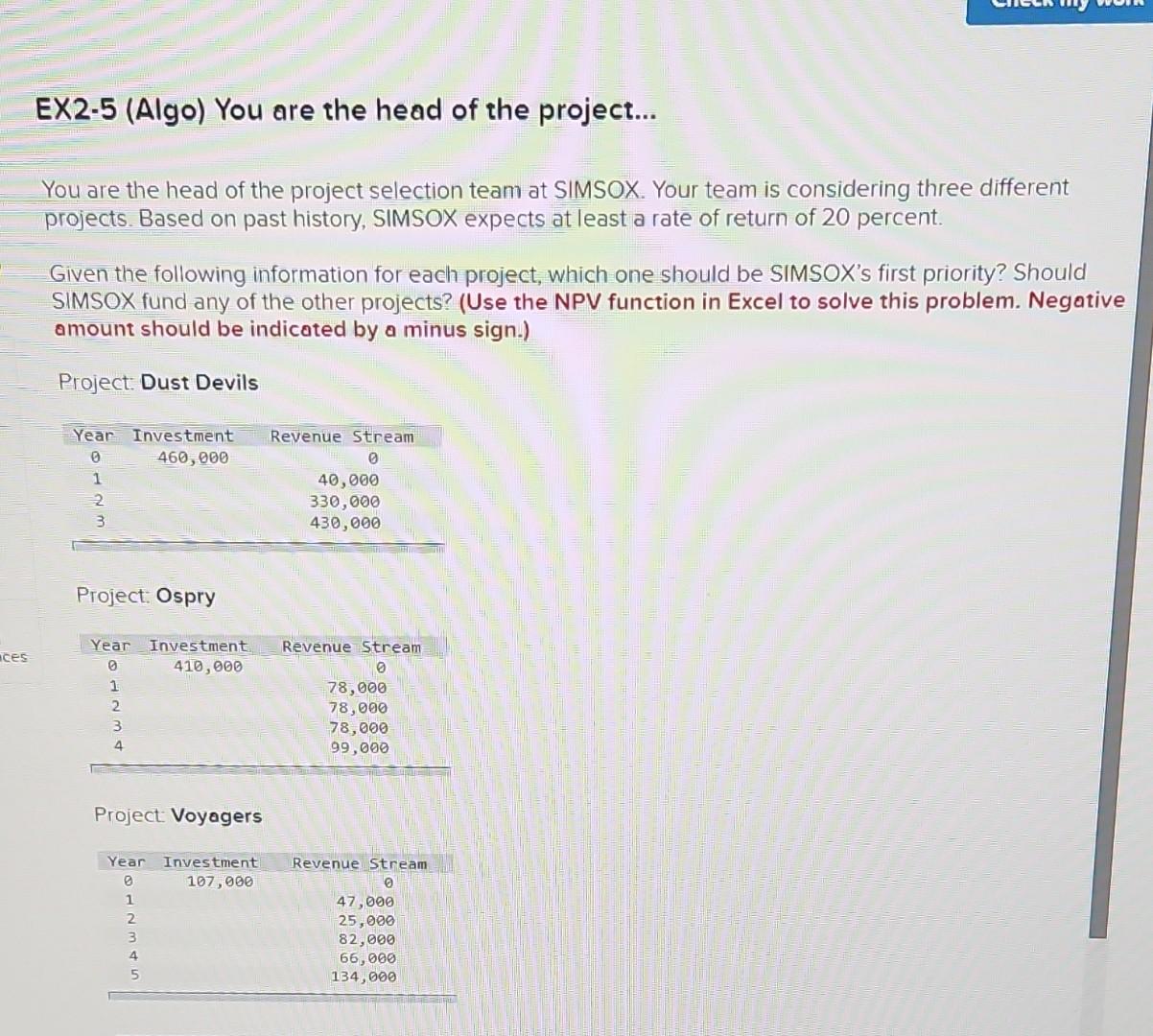 Solved EX2-5 (Algo) You are the head of the project... You | Chegg.com