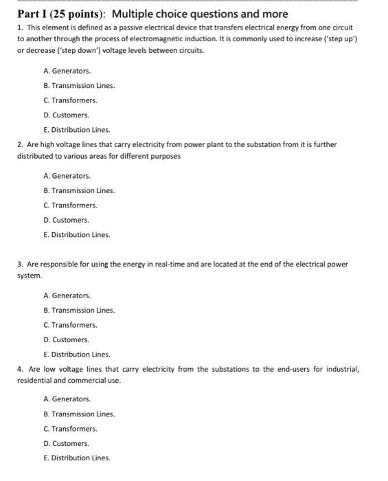 Solved Part I (25 points): Multiple choice questions and | Chegg.com