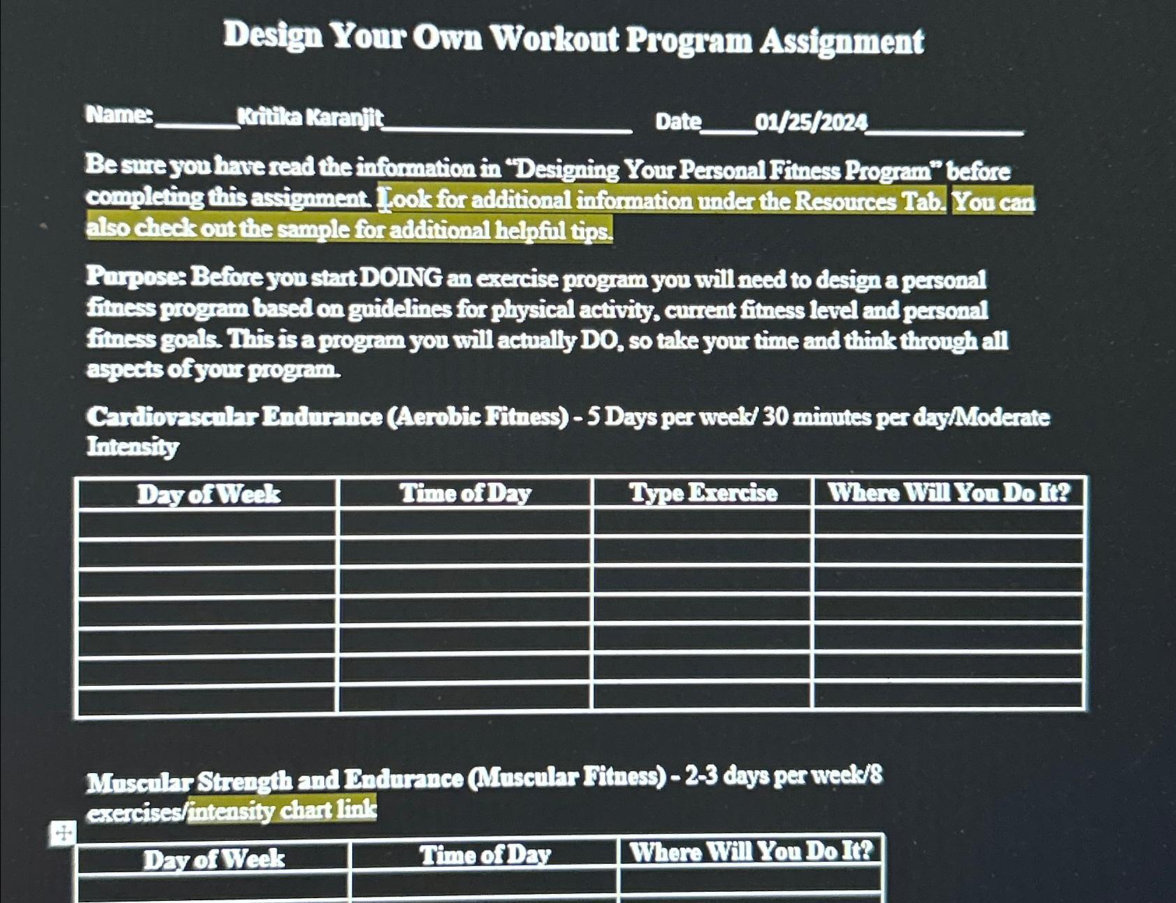 Solved Design Your Own Workout Program AssignmentThames | Chegg.com