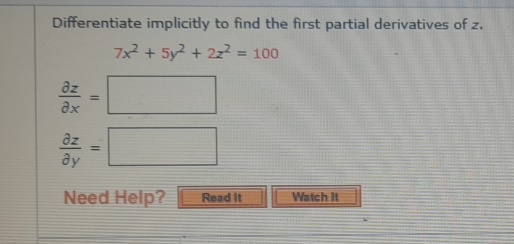 Solved Differentiate implicitly to find the first partial | Chegg.com