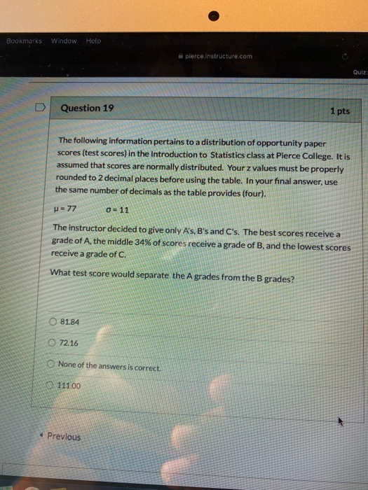 Solved Bookmarks Window Helo pierce instructure.com Quiz: | Chegg.com