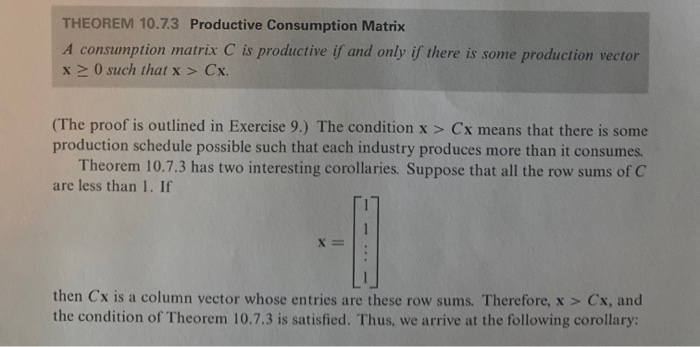 Solved THEOREM 10.7.3 Productive Consumption Matrix A | Chegg.com