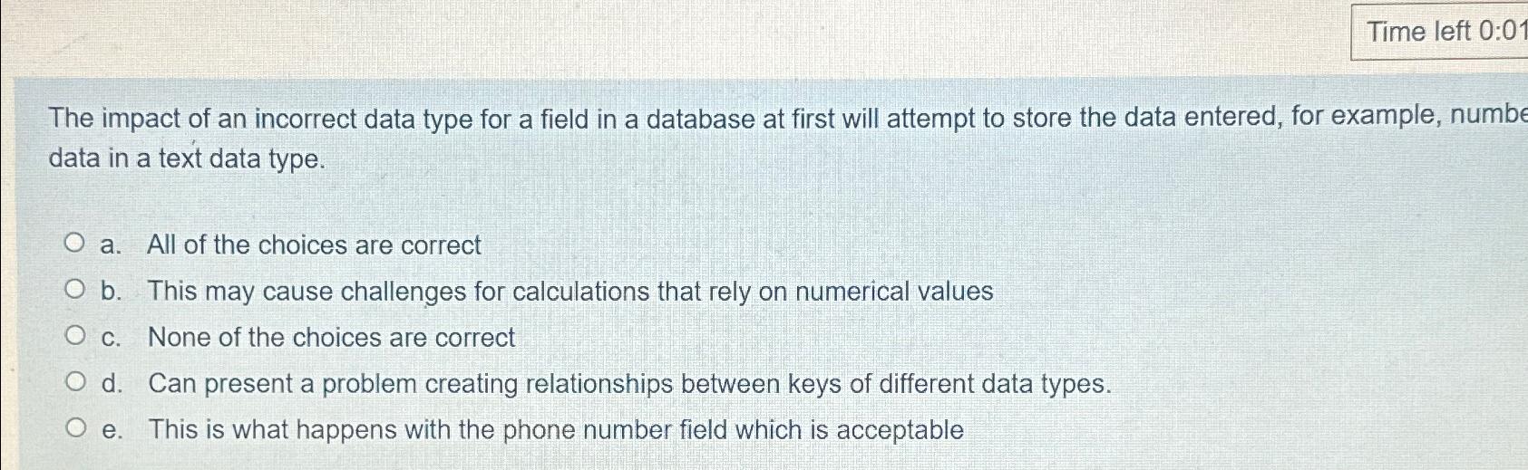 Solved Time left 0:01The impact of an incorrect data type | Chegg.com