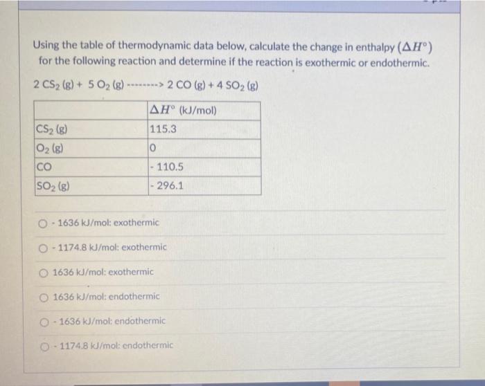 Solved Using the table of thermodynamic data below, | Chegg.com