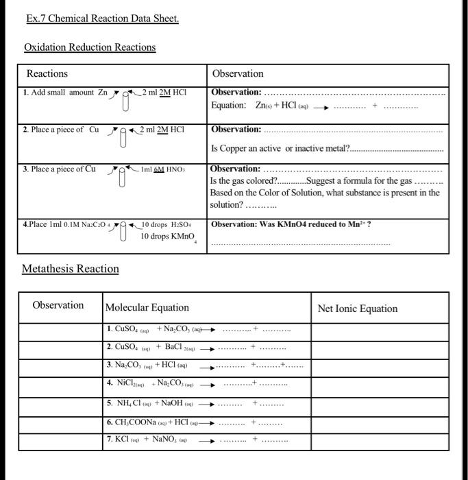 Solved Ex.7 Chemical Reaction Data Sheet. Oxidation | Chegg.com