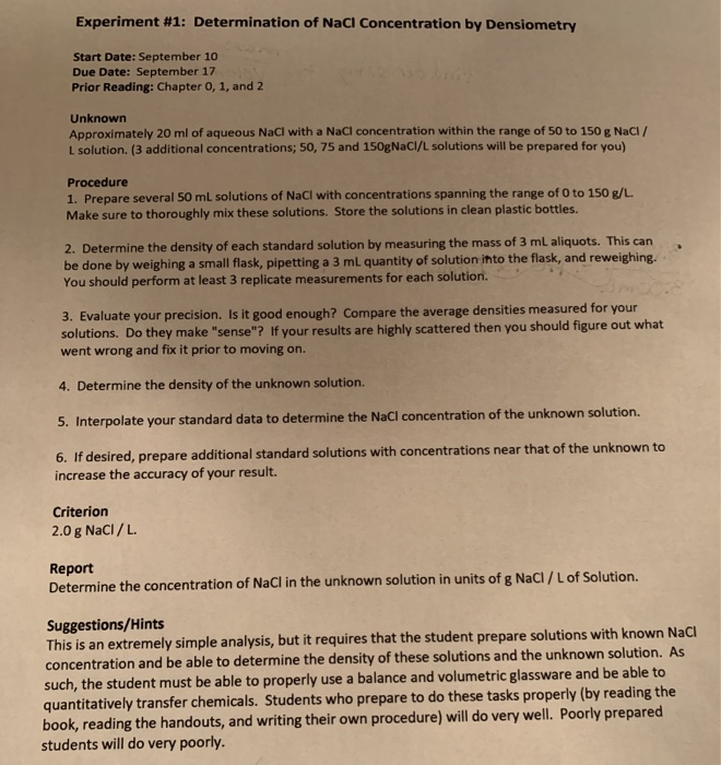 Solved Experiment #1: Determination of NaCl Concentration by | Chegg.com