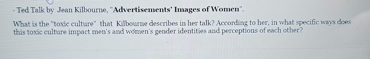 Ted Talk by Jean Kilbourne, "Advertisements' Images | Chegg.com