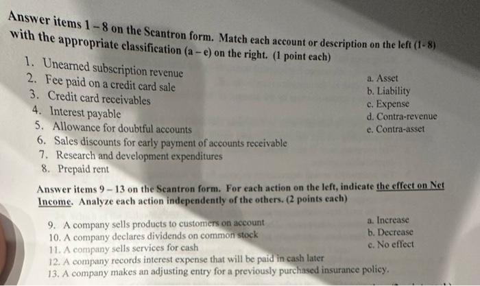 Solved Answer items 1-8 on the Scantron form. Match each | Chegg.com