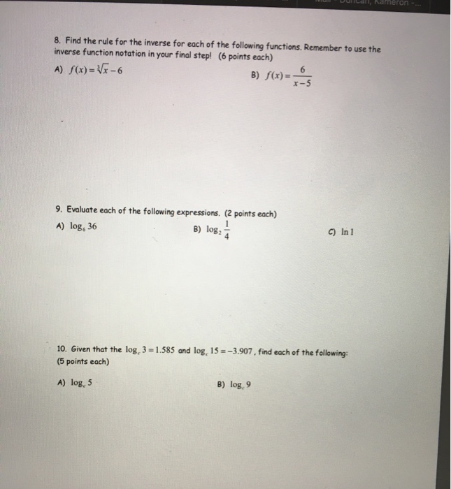 Solved 8. Find the rule for the inverse for each of the | Chegg.com