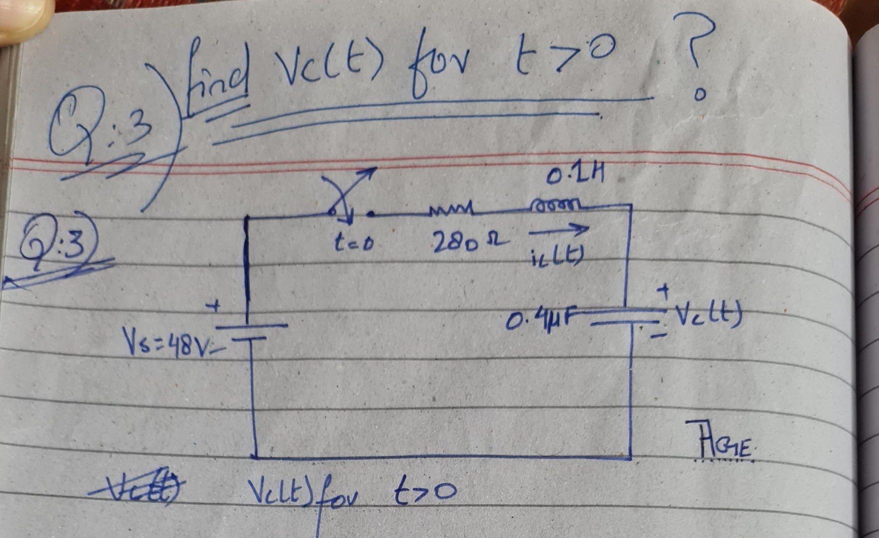 Solved Q:3) ﻿find Vc(t) ﻿for t>0 ?series RLC Circuitsolve | Chegg.com