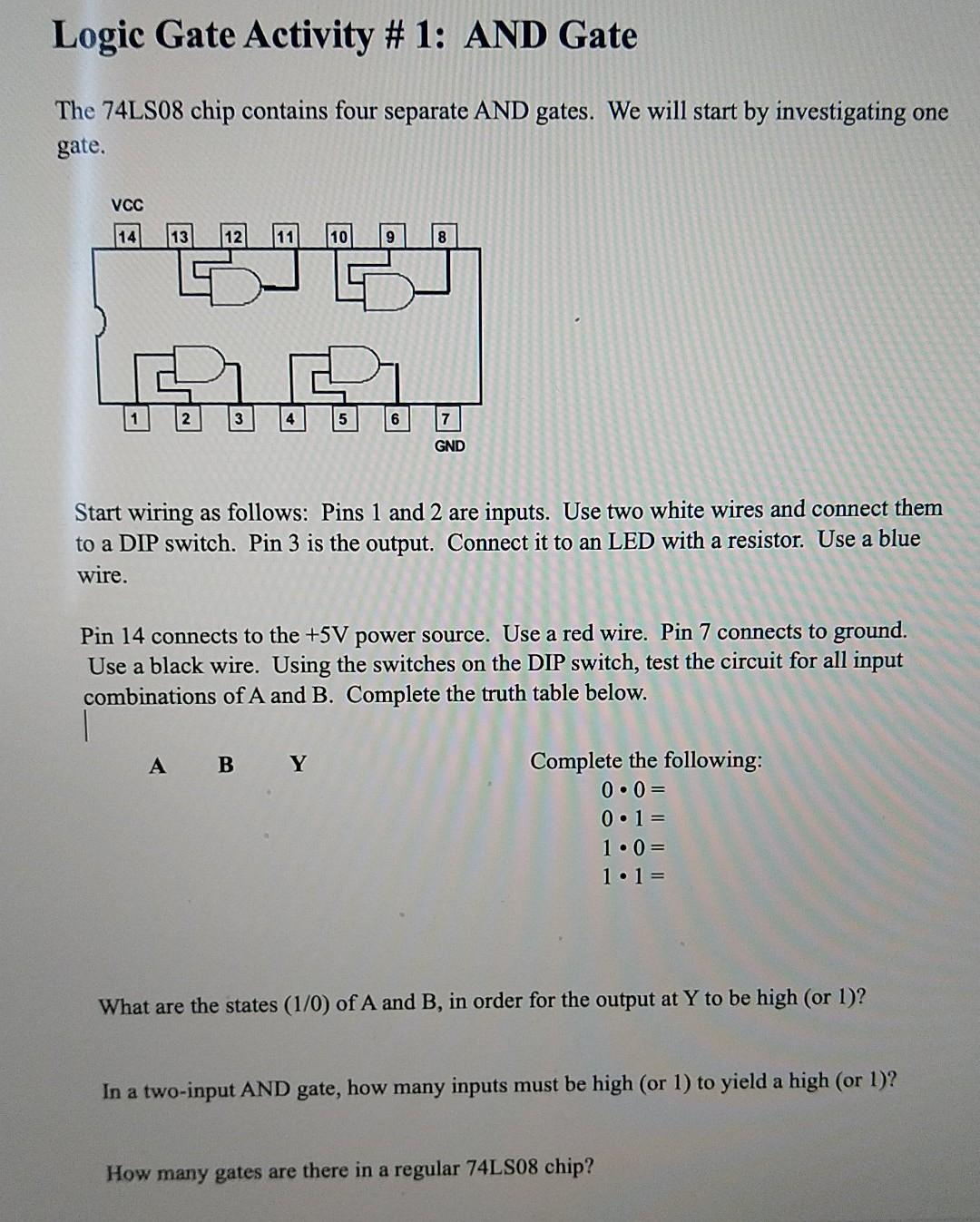 Solved Logic Gate Activity #1: AND Gate The 74LS08 chip | Chegg.com