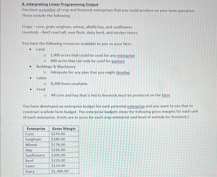 Solved B. Interpreting Linear Programming Output You have a | Chegg.com