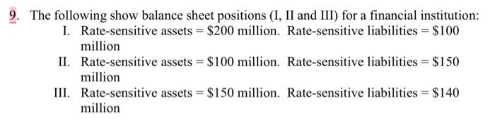 Solved 9. The following show balance sheet positions (I, II | Chegg.com
