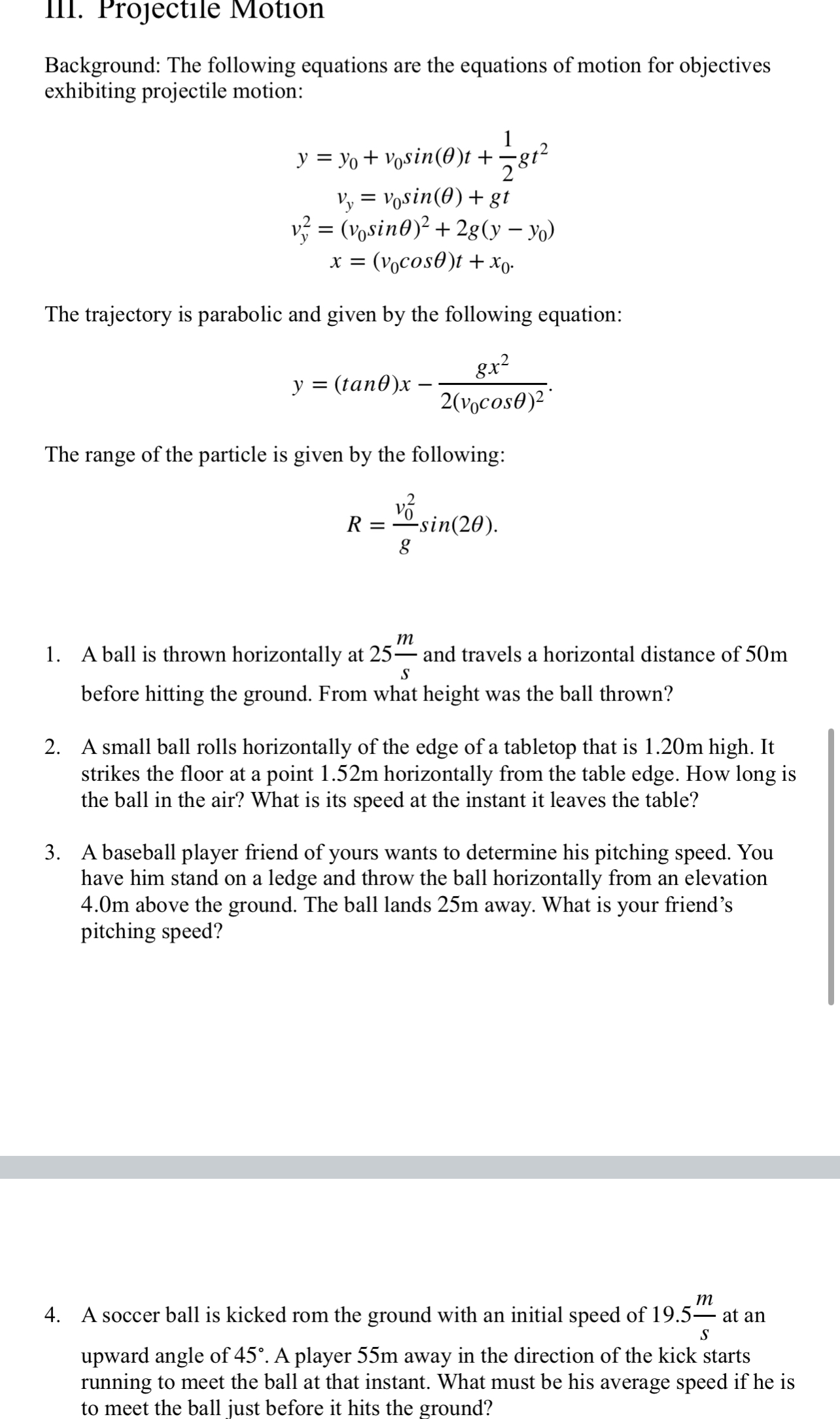 Solved III. Projectile MotionBackground: The following | Chegg.com