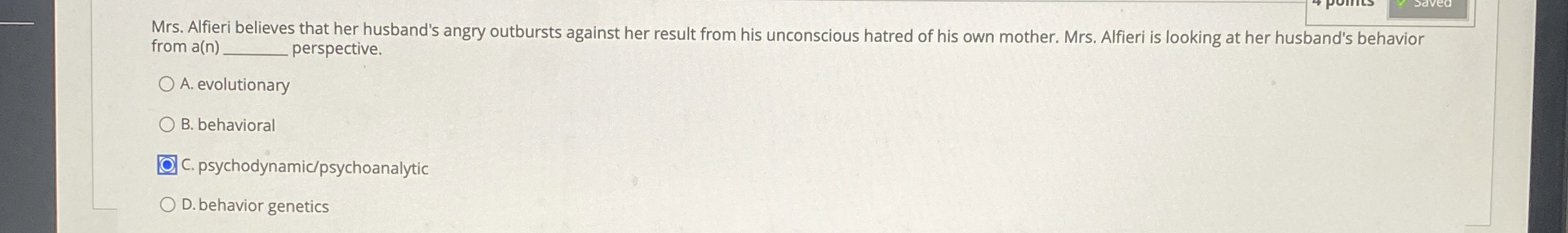 Solved Mrs. ﻿Alfieri believes that her husband's angry | Chegg.com