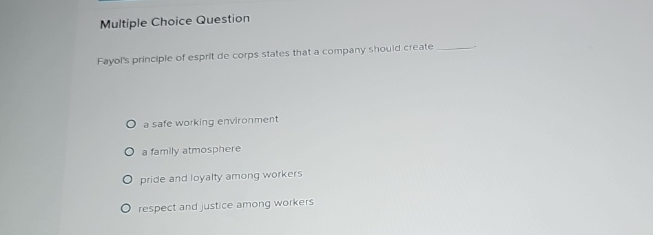 Solved Multiple Choice QuestionFayol's principle of esprit | Chegg.com