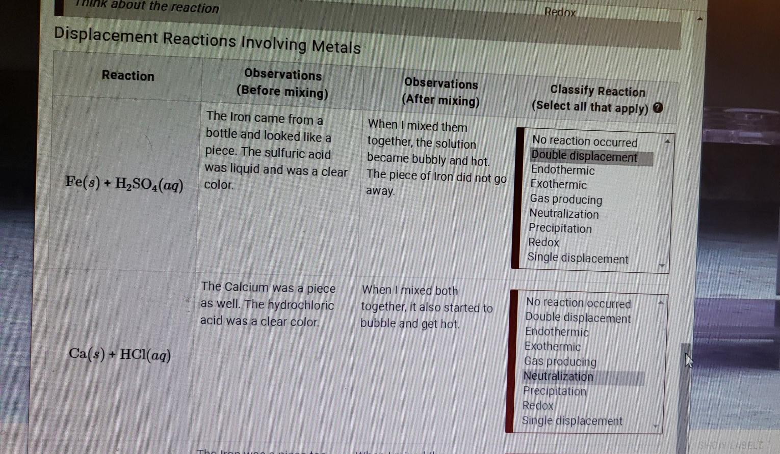 Solved about the reaction Redox Displacement Reactions | Chegg.com