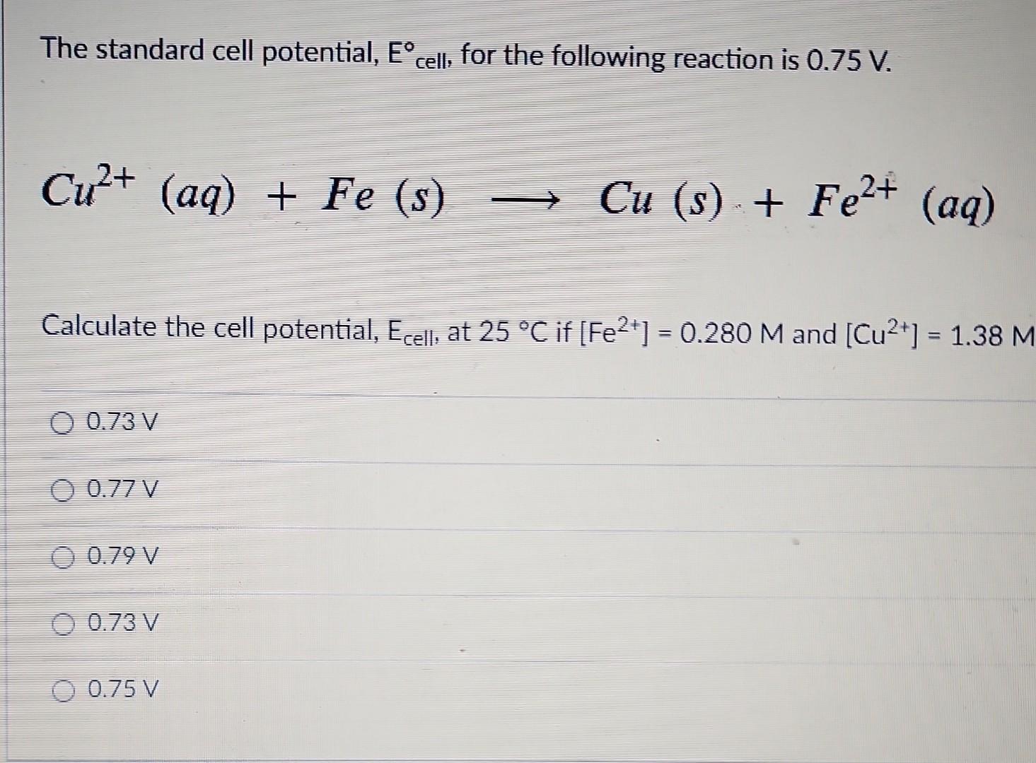 Solved The standard cell potential, E∘ cell, for the | Chegg.com