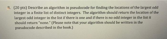 Solved ( 20pts ) Describe an algorithm in pseudocode for | Chegg.com