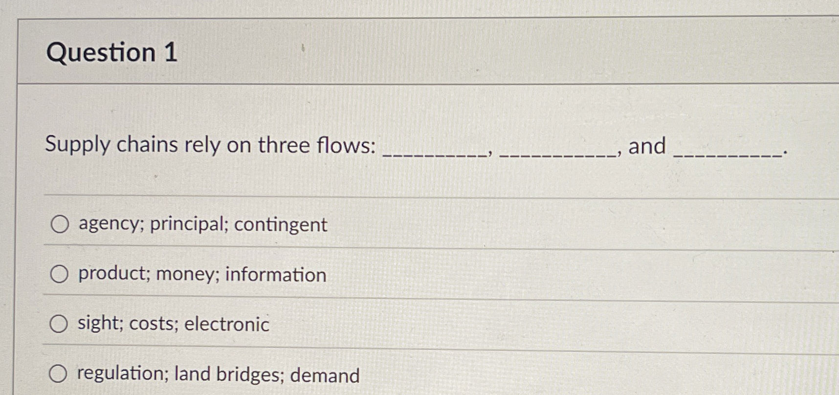Solved Question 1Supply chains rely on three | Chegg.com