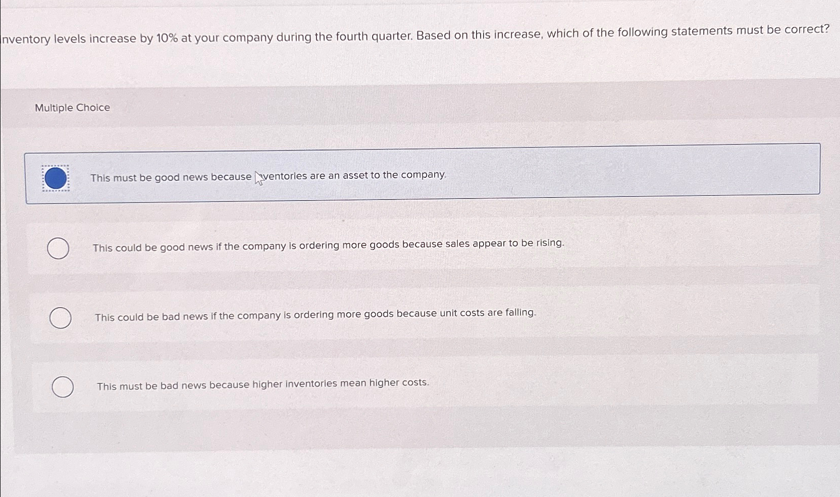 Solved nventory levels increase by 10% ﻿at your company | Chegg.com