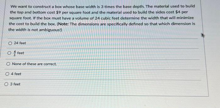 Solved We want to construct a box whose base width is 3 | Chegg.com