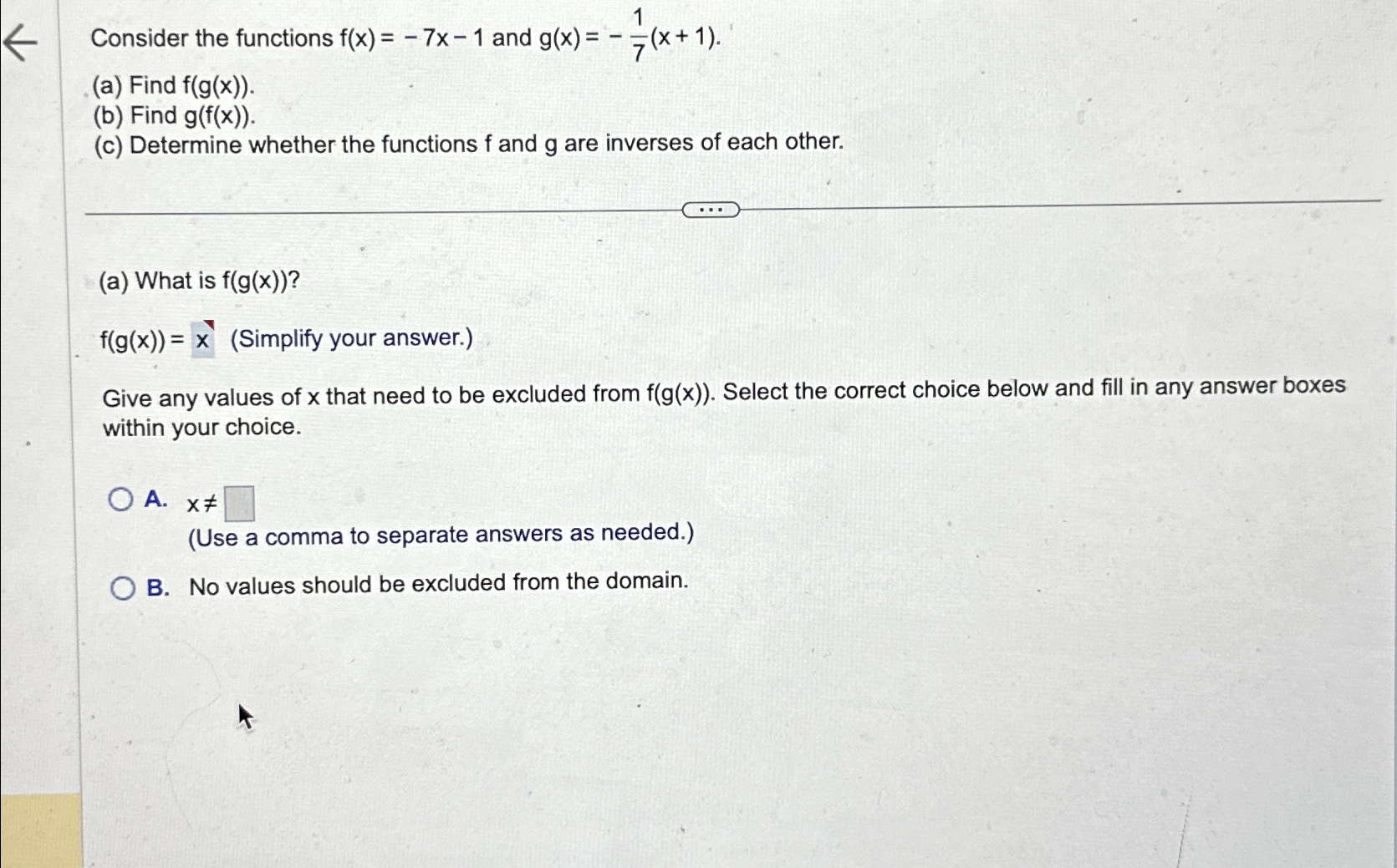 Solved Consider the functions f(x)=-7x-1 ﻿and | Chegg.com