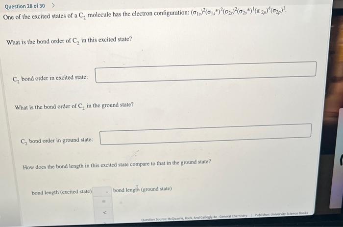 Solved Question 28 of 30 What is the bond order of C2 in | Chegg.com