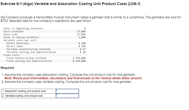 Solved Exerclse 6-1 (Algo) ﻿Varlable and Absorption Costing | Chegg.com