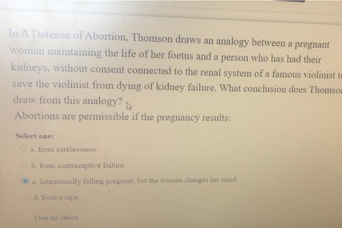 Solved In A Defense of Abortion, Thomson draws an analogy | Chegg.com