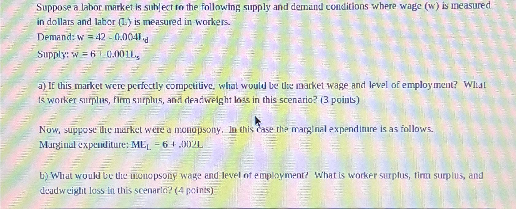 Solved Suppose a labor market is subject to the following | Chegg.com