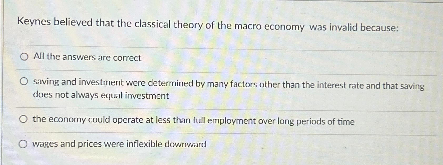 Solved Keynes believed that the classical theory of the | Chegg.com