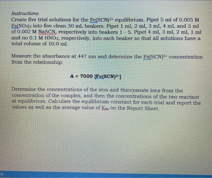 Virtual Lab 2 The Equilibrium Constant of FeSCN- Word | Chegg.com