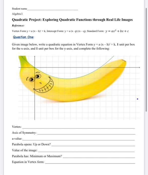 Solved Student name Algebra ! Quadratic Project: Exploring | Chegg.com