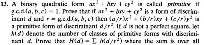 Solved 13. A binary quadratic form ax2 + bry + cy2 is called | Chegg.com