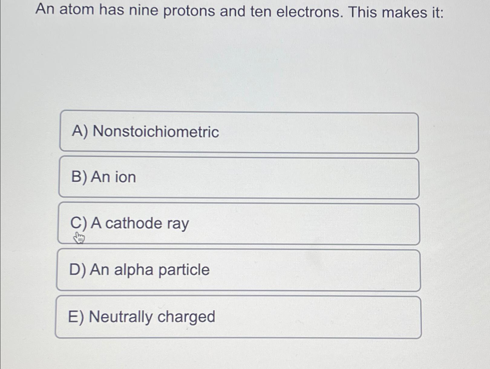 Solved An atom has nine protons and ten electrons. This | Chegg.com