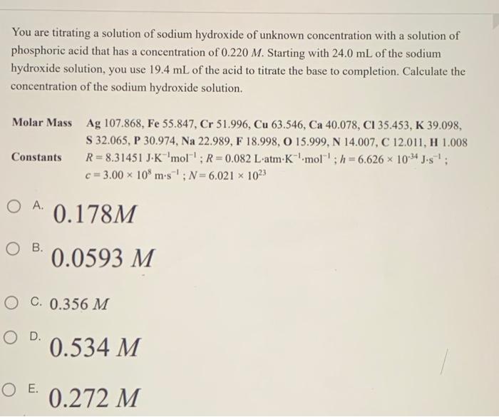 Solved You are titrating a solution of sodium hydroxide of | Chegg.com