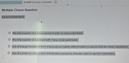 Solved 0 ﻿of 25 ﻿Concepts completedMultiple Choice QuestionA | Chegg.com