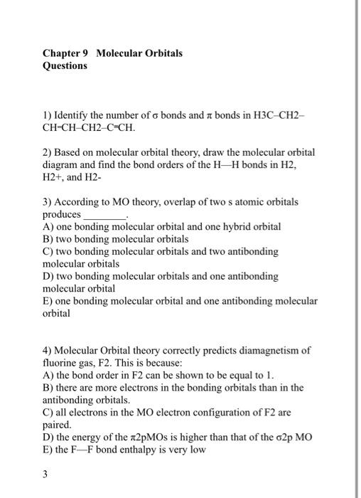 Solved Chapter 9 Molecular Orbitals Questions 1) Identify | Chegg.com
