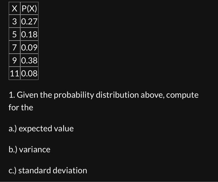 Solved 1. Given the probability distribution above, compute | Chegg.com