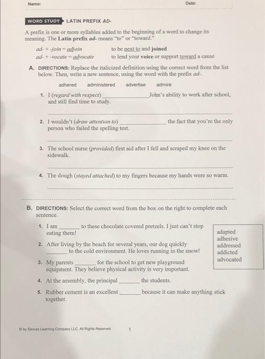 Solved Name: Date: WORD STUDY LATIN PREFIX AD A prefix is | Chegg.com