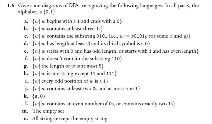 Solved 1.6 Give state diagrams of DFAs recognizing the | Chegg.com