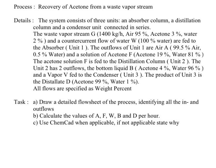 Solved Process : Recovery of Acetone from a waste vapor | Chegg.com