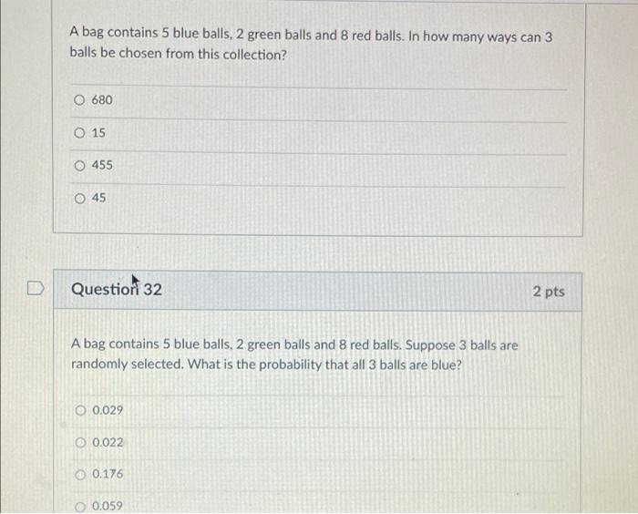 Solved A bag contains 5 blue balls, 2 green balls and 8 red | Chegg.com