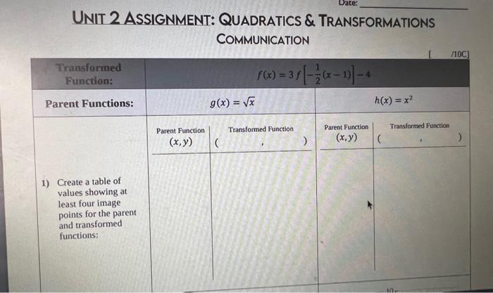 Solved UNIT 2 ASSIGNIMENT: QUADRATICS \\& TRANSFORMATIONS | Chegg.com