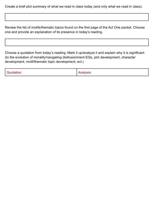 Create a brief plot summary of what we read in class | Chegg.com