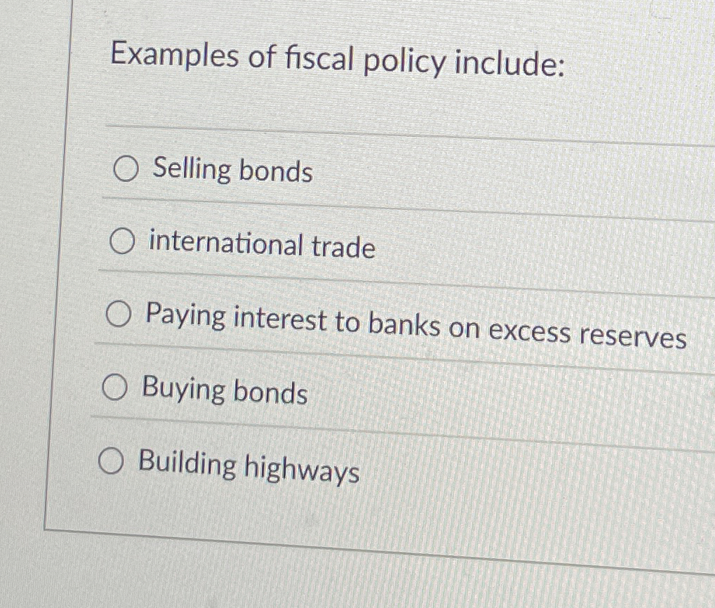 Solved Examples of fiscal policy include:Selling | Chegg.com