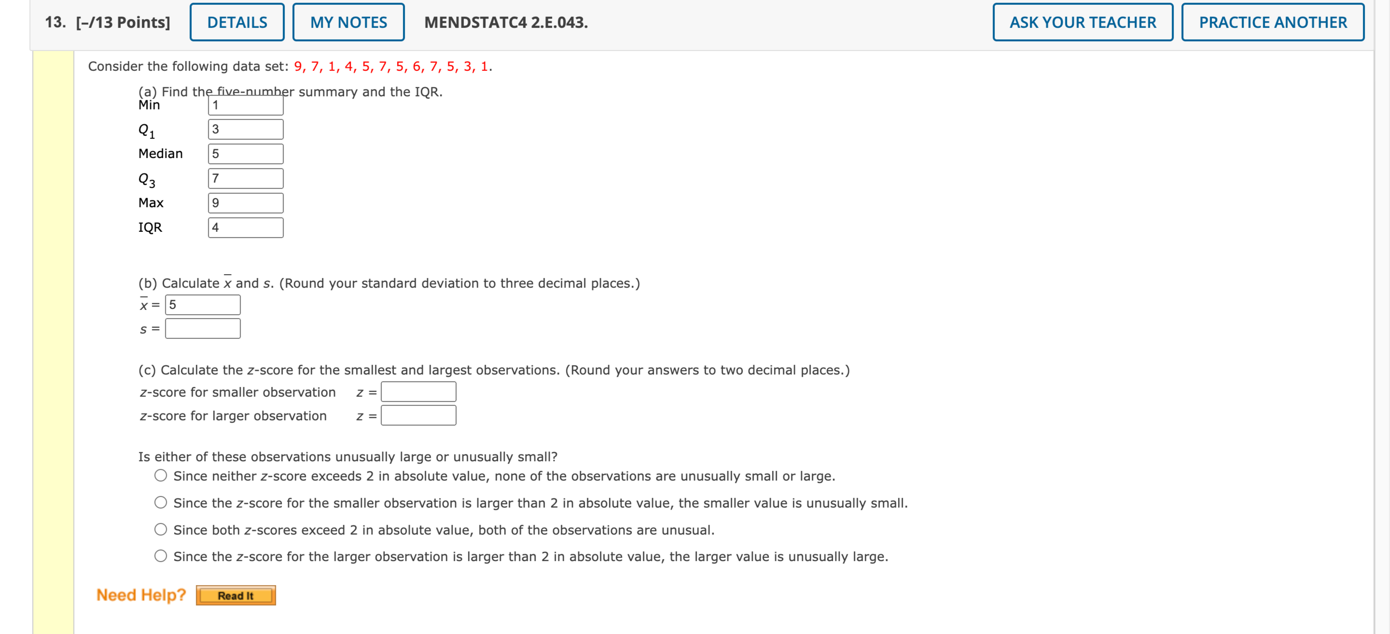 Solved Consider the following data set: | Chegg.com